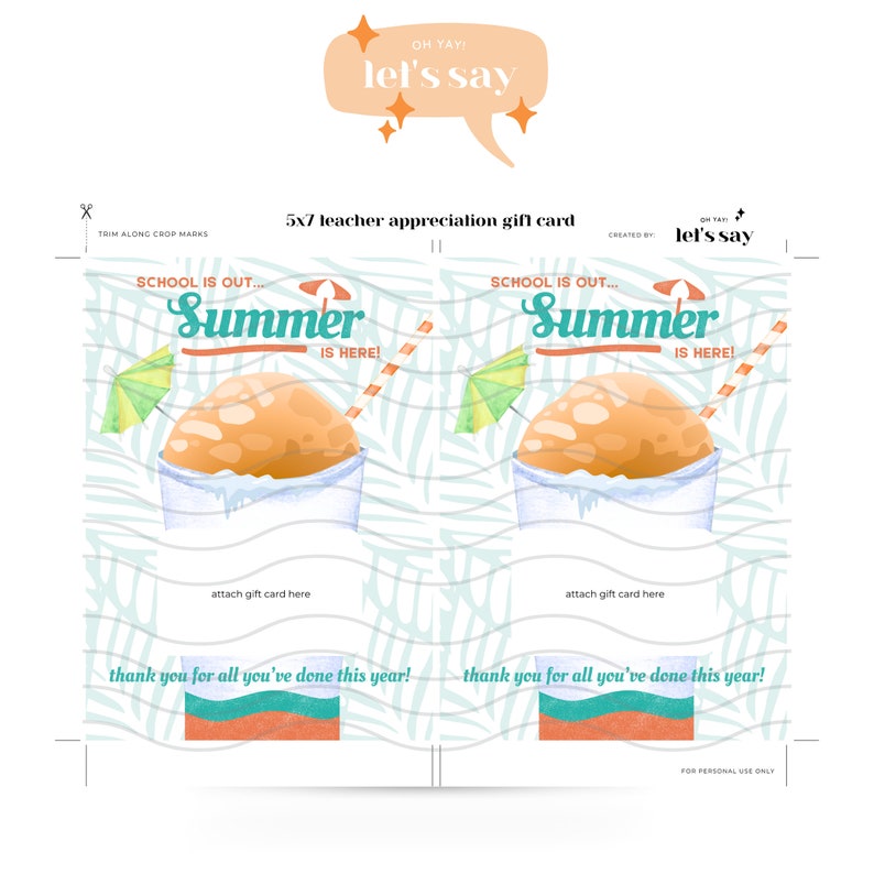Printable Teacher Appreciation Gift Card Holder, End of School Summer ...