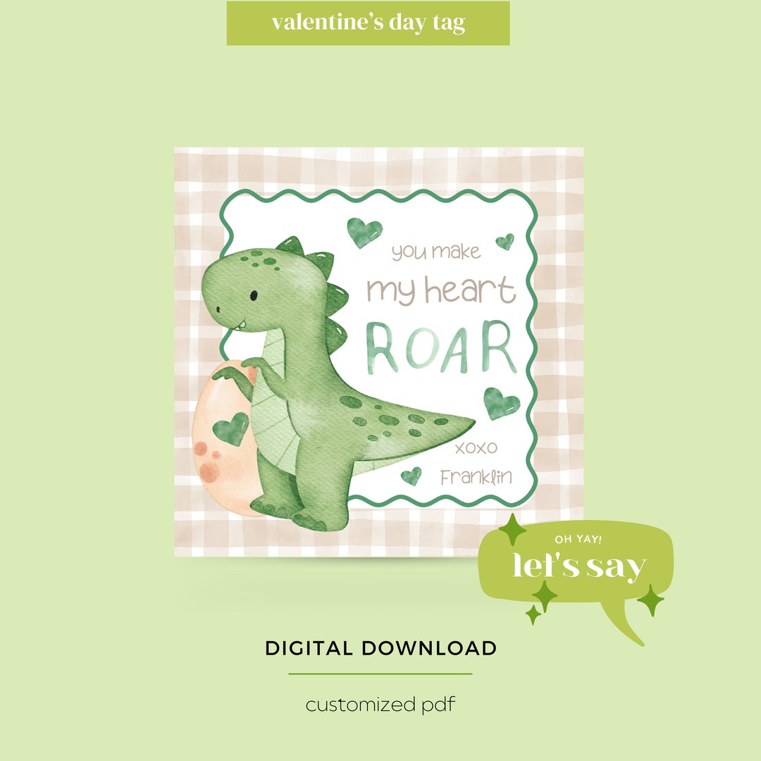 Printable Valentine Heart Roar Favor Tag, Valentines Day Dinosaur Gift ...