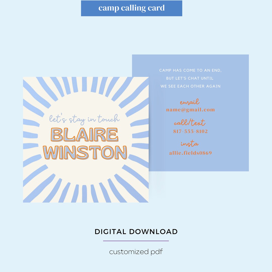 Printable Summer Camp Calling Card, Girls Contact Card, Personalized ...