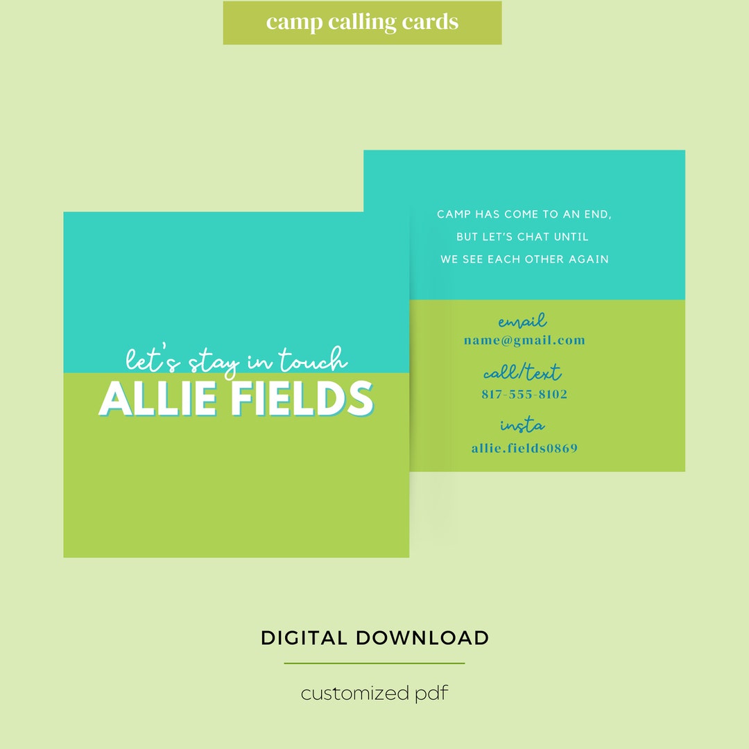 Printable Summer Camp Calling Card, Girls Contact Card, Personalized ...