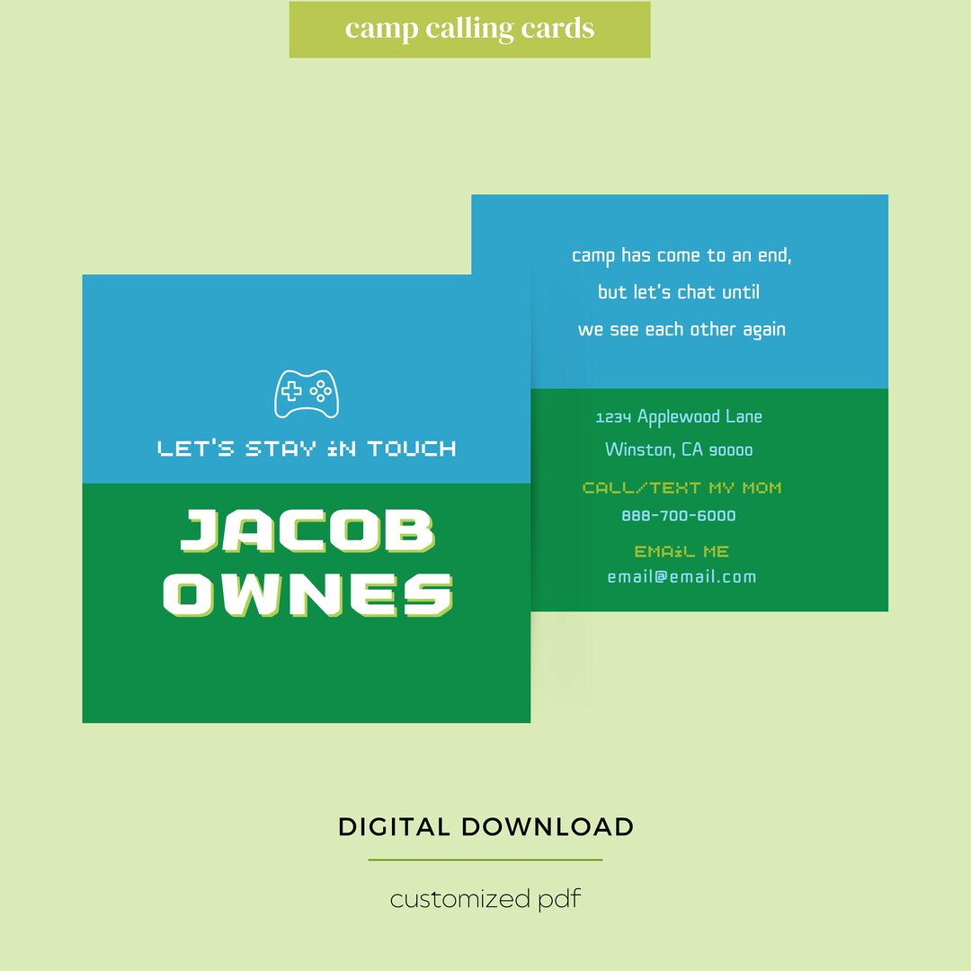 Printable Summer Camp Calling Card, Contact Card, Personalized Girls ...