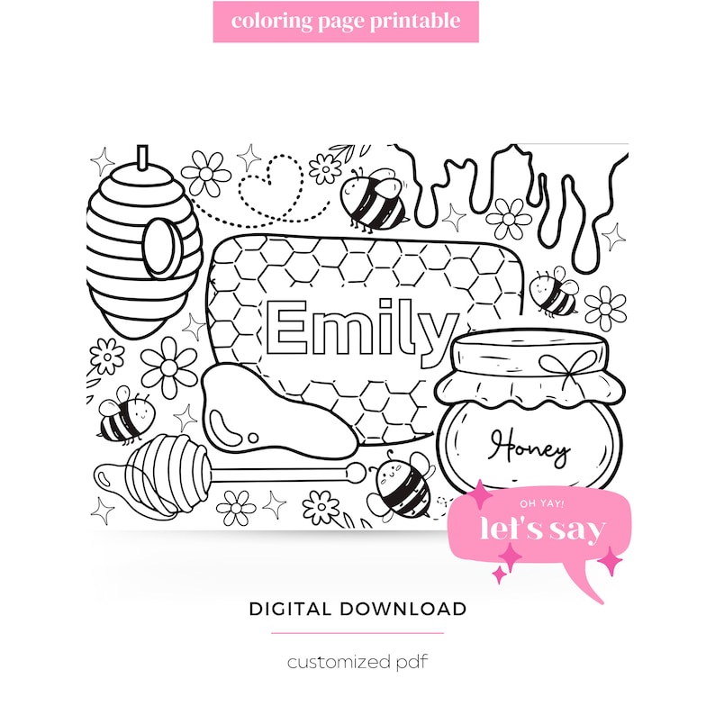 Printable Kids Coloring Sheet - Sweet Bee Theme - Children’s Custom ...
