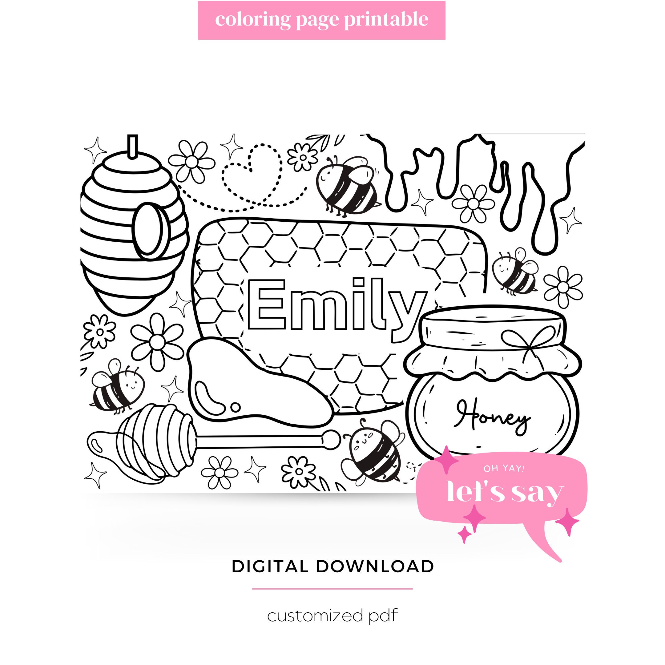 Printable Kids Coloring Sheet - Sweet Bee Theme - Children’s Custom ...