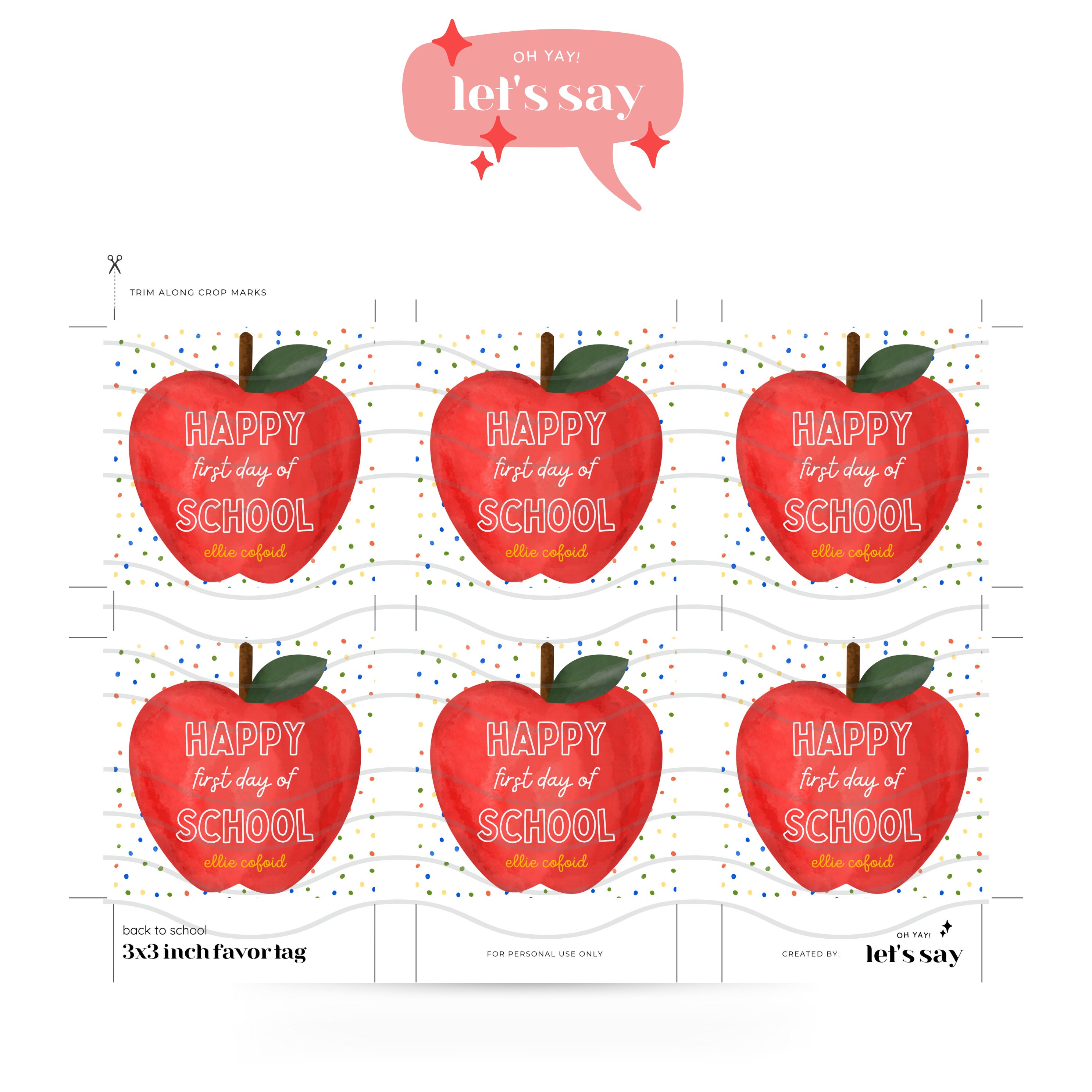 Printable Happy First Day of School Favor Tag, Colorful Apple Themed ...