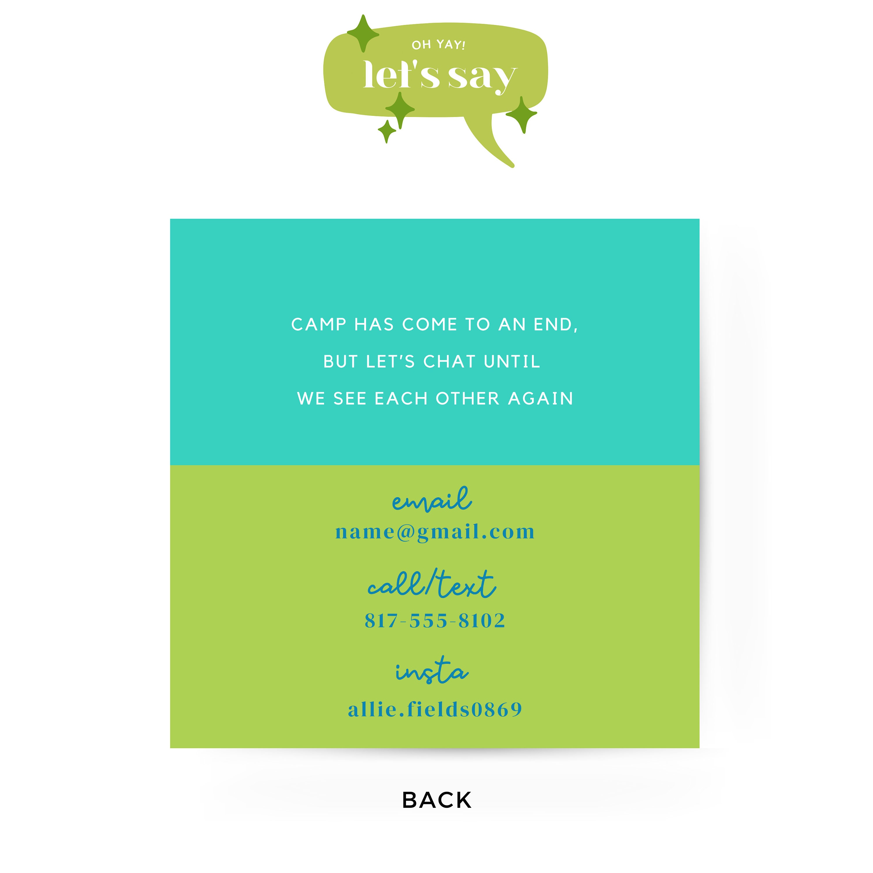 Printable Summer Camp Calling Card, Girls Contact Card, Personalized ...