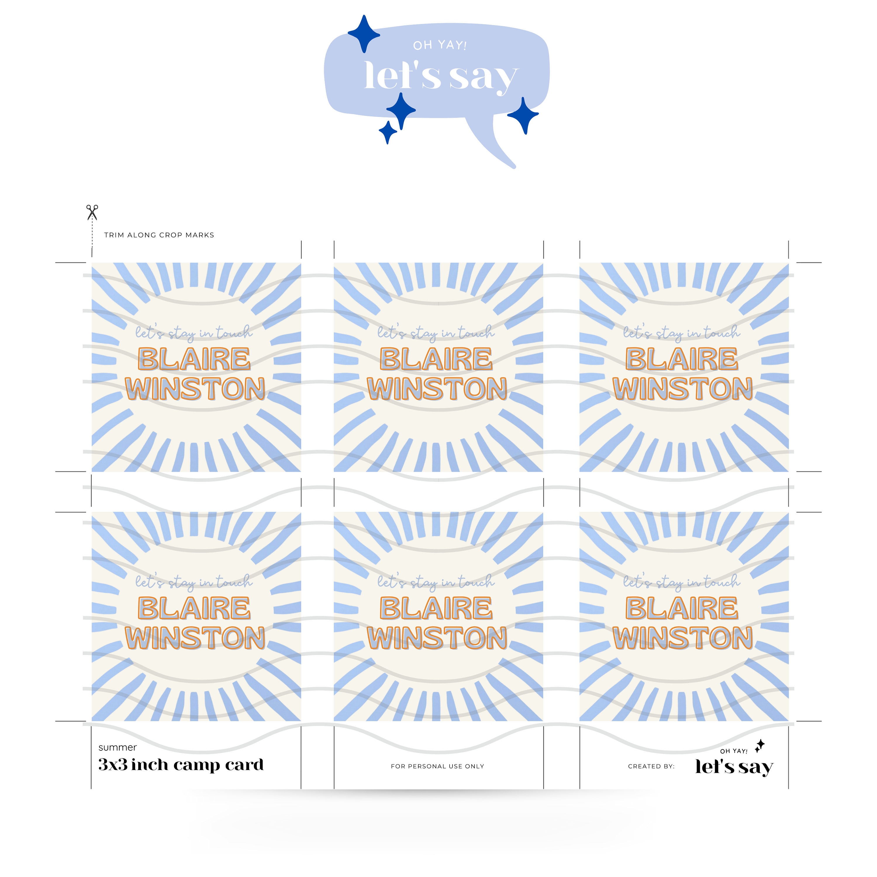 Printable Summer Camp Calling Card, Girls Contact Card, Personalized ...