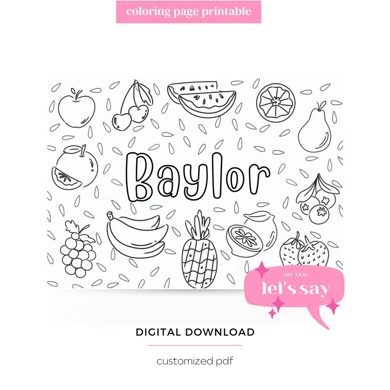 Printable Kids Coloring Sheet - Fruit Theme - Children’s Custom ...