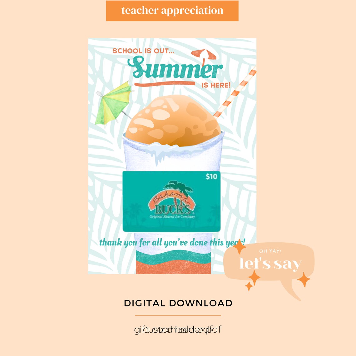 Printable Teacher Appreciation Gift Card Holder, End of School Summer ...