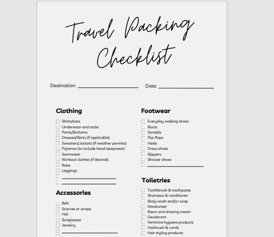 Digital Travel Packing Checklist Editable And Printable Etsy