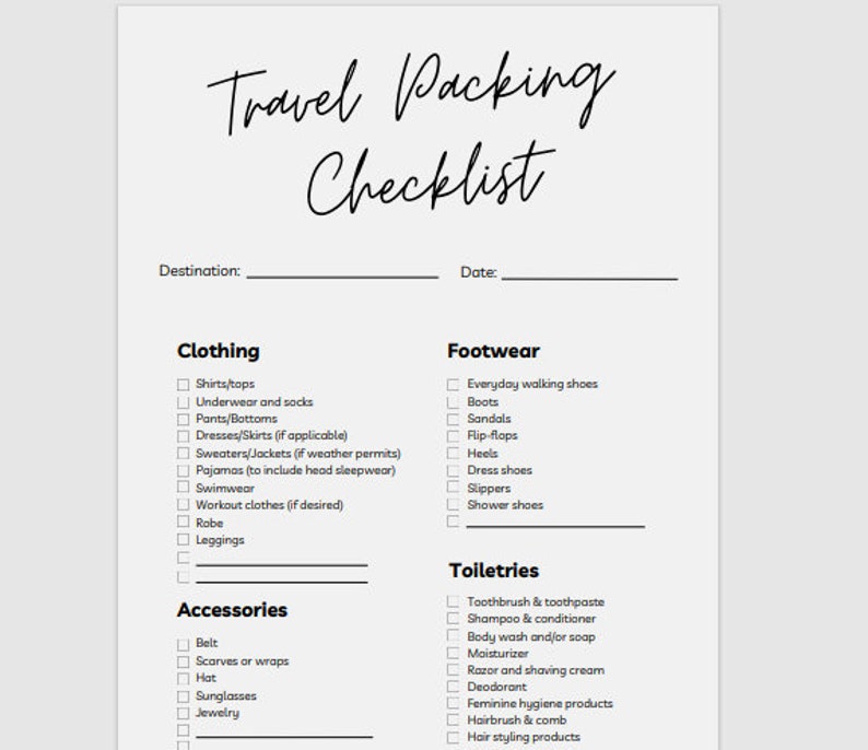 Digital Travel Packing Checklist (editable and Printable) - Etsy