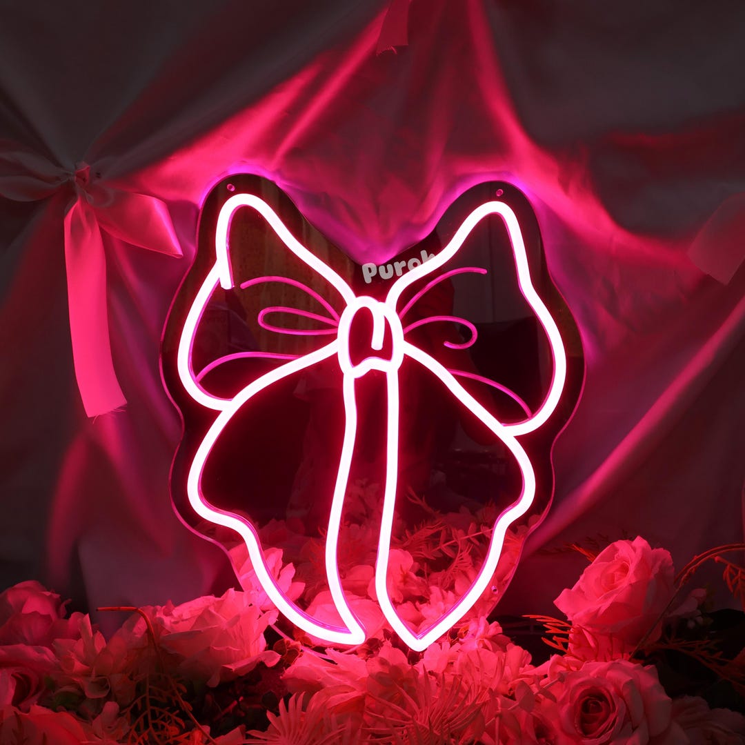 Pink Bow LED Neon Sign: Girly Room Decor, Custom Mirror Light - Etsy
