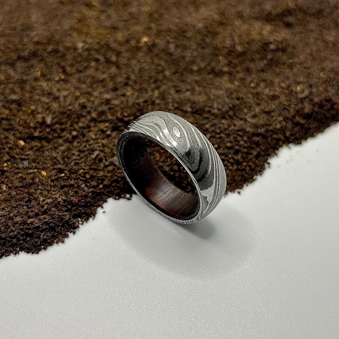 Damascus Steel Ring Set Dome Ring Set Damascus Wedding Ring Plain ...