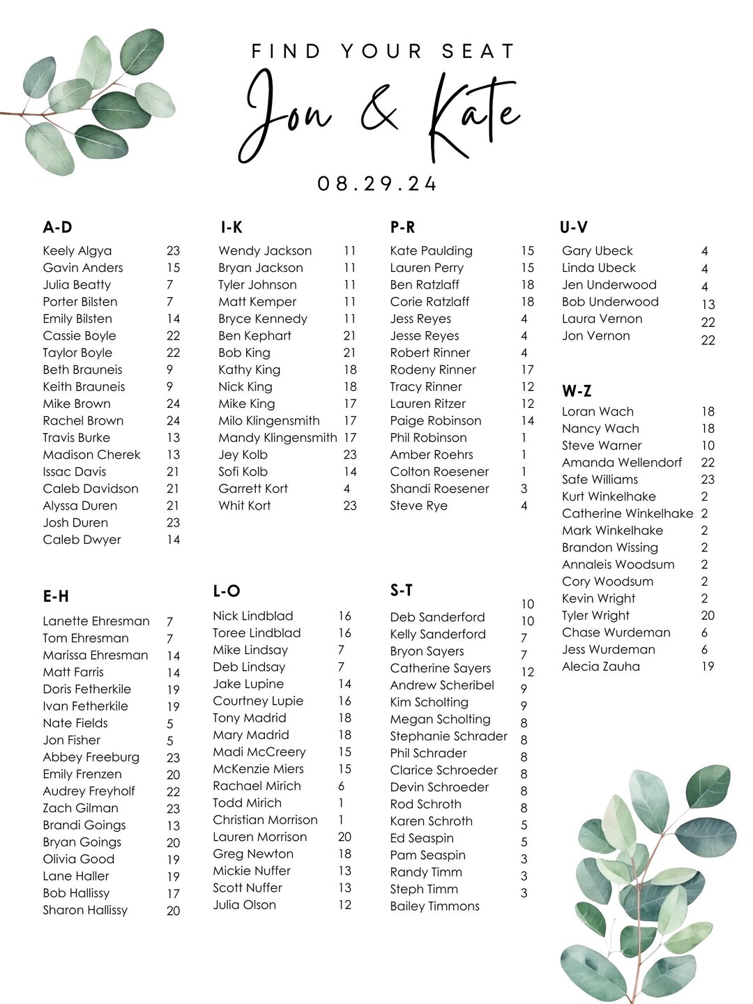 Eucalyptus Seating Chart Template - Etsy