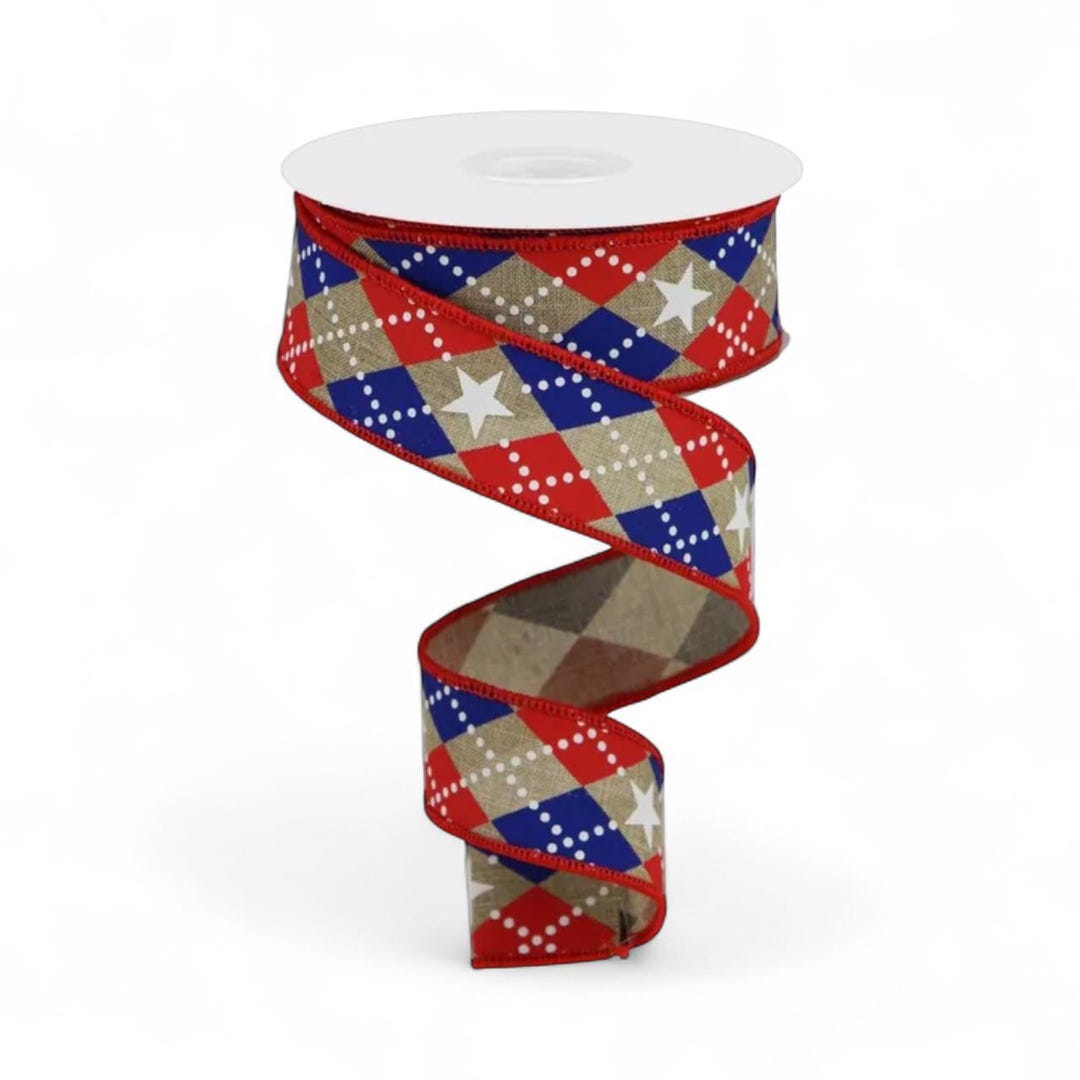 Argyle Stars and Stripes Wire Edge Ribbon: Light Beige/red/white/blue ...