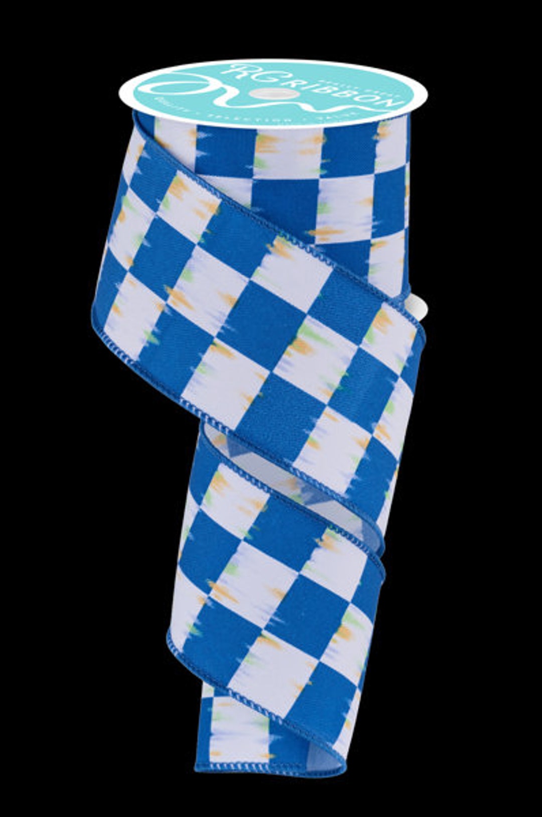 Antique Checkerboard Wire Edge Ribbon, White/blue/multi Color, 2.5" X ...