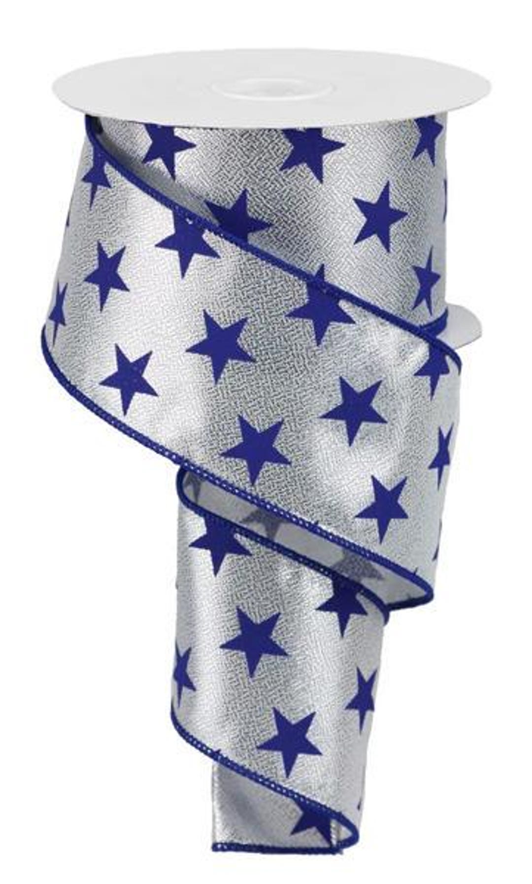 Silver/navy Blue Stars on Metallic Wire Edge Ribbon, 2.5" X 10 Yard ...