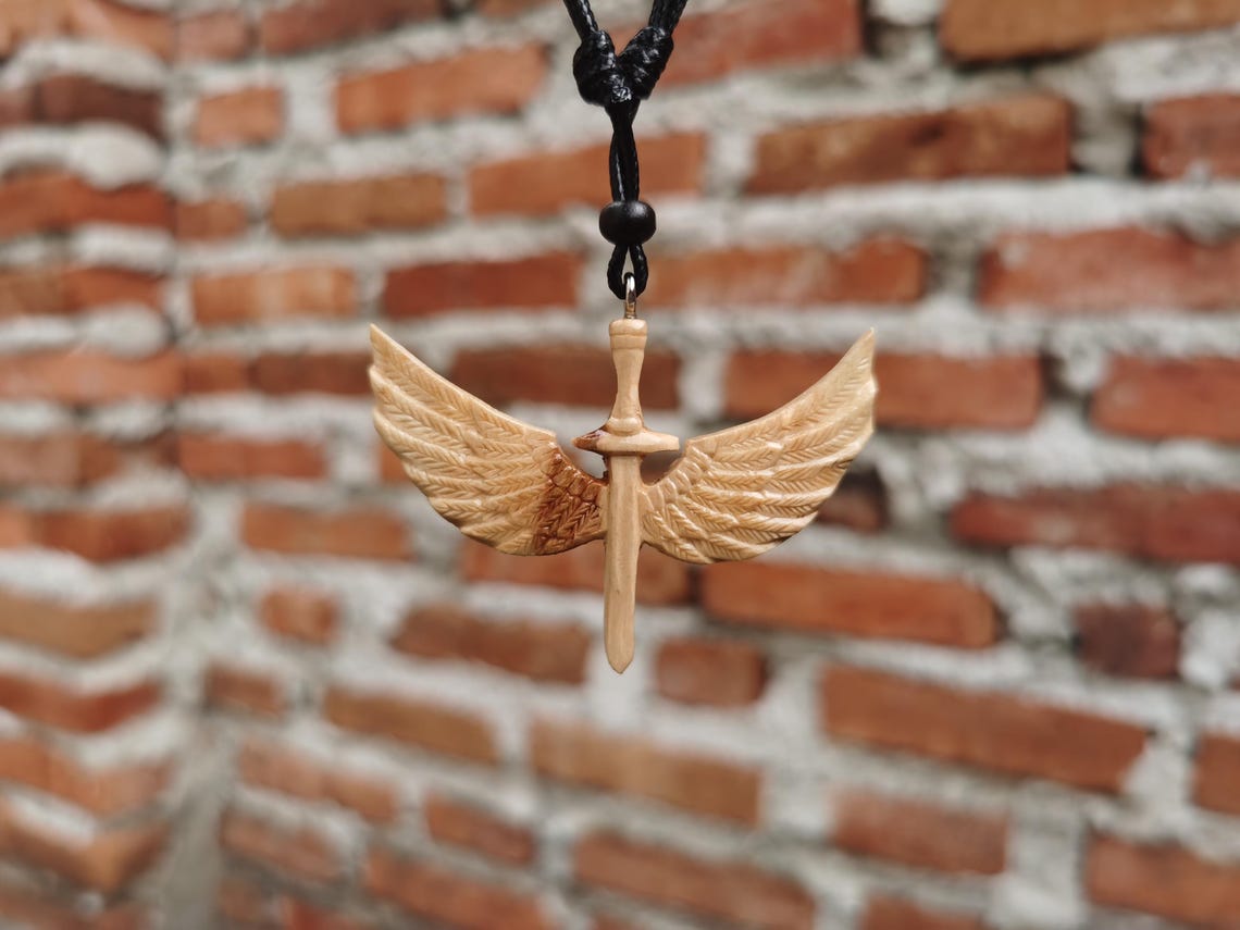 Angel Winged Sword Necklace Carved Wooden Pendant, Handmade Wooden ...