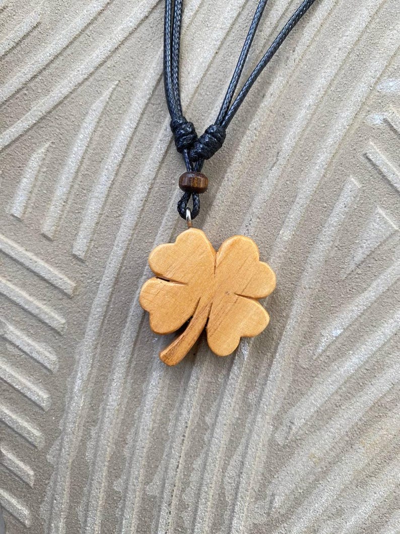 Hand-carved Wooden Four Leaf Clover Necklace: Lucky Shamrock Pendant ...