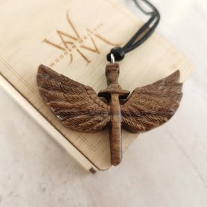 Angel Winged Sword Necklace Carved Wooden Pendant, Handmade Wooden ...