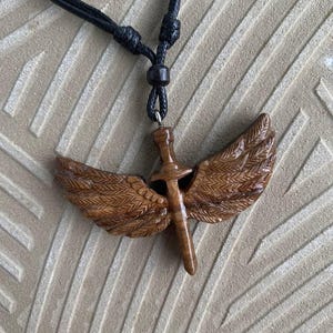 Angel Winged Sword Necklace Carved Wooden Pendant, Handmade Wooden ...
