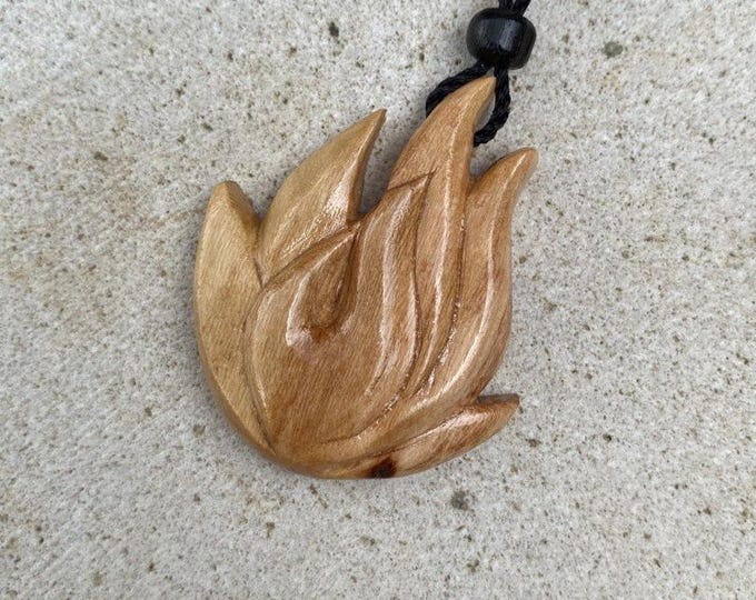Hand Carved Wooden Flame Pendant, Handmade Wooden Fire Necklace for ...