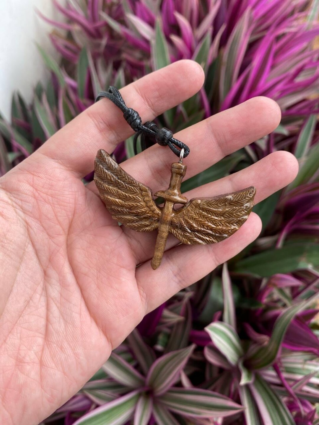 Angel Winged Sword Necklace Carved Wooden Pendant, Handmade Wooden ...