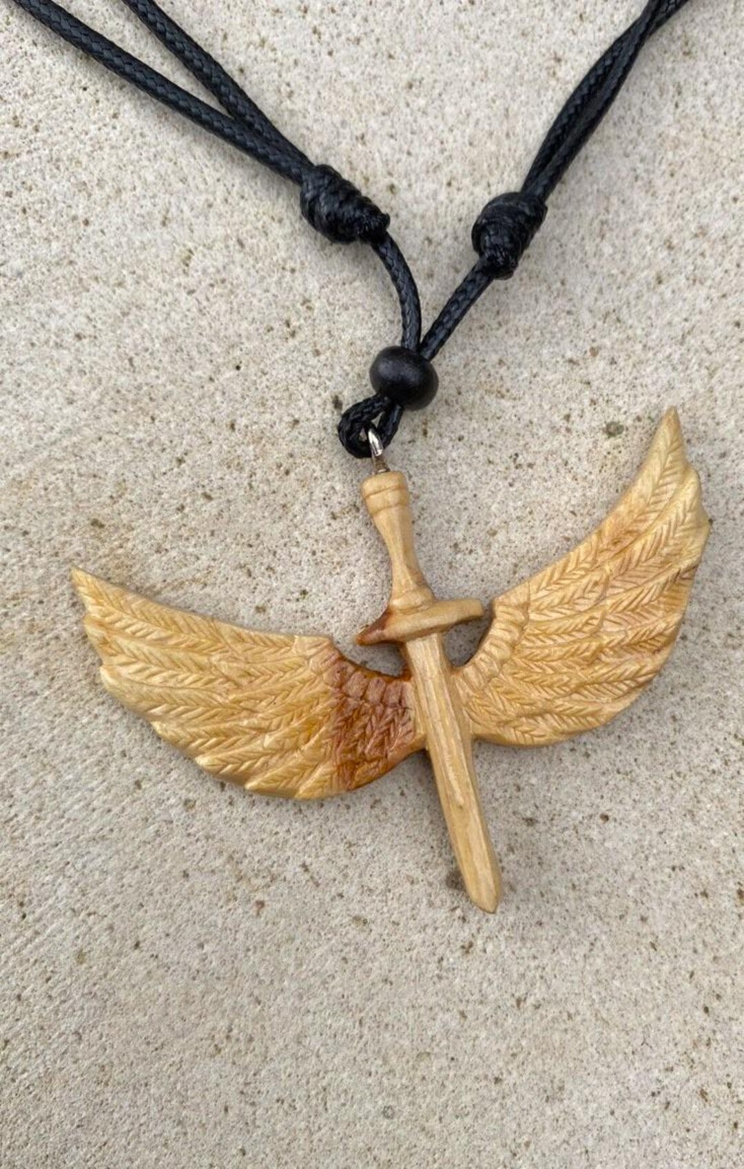 Angel Winged Sword Necklace Carved Wooden Pendant, Handmade Wooden ...