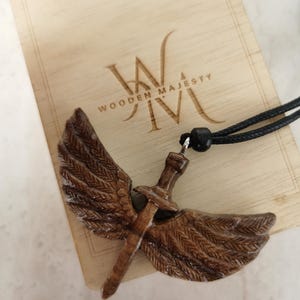 Angel Winged Sword Necklace Carved Wooden Pendant, Handmade Wooden ...