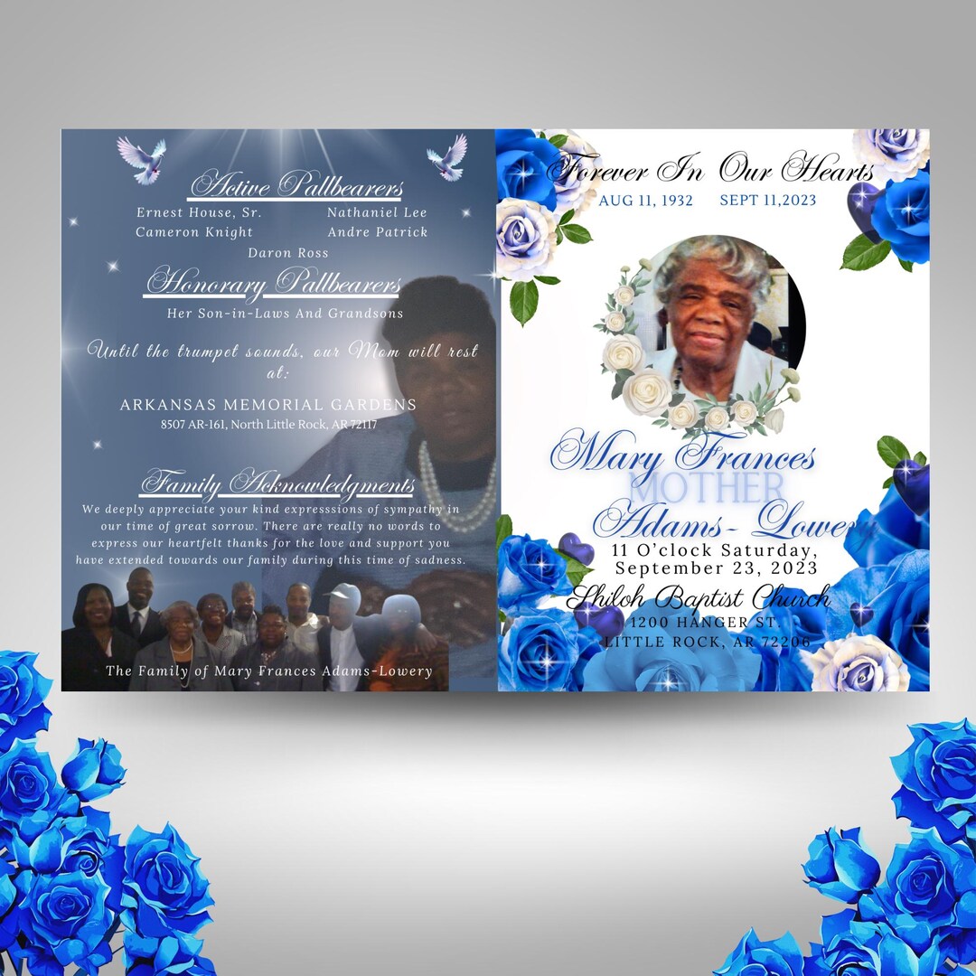 Elegant Blue Rose Funeral Program Template: Celebration of Life ...