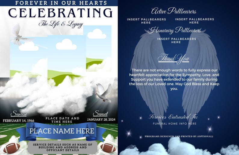 Navy Blue Football Obituary Template: Mens Funeral Program (canva ...