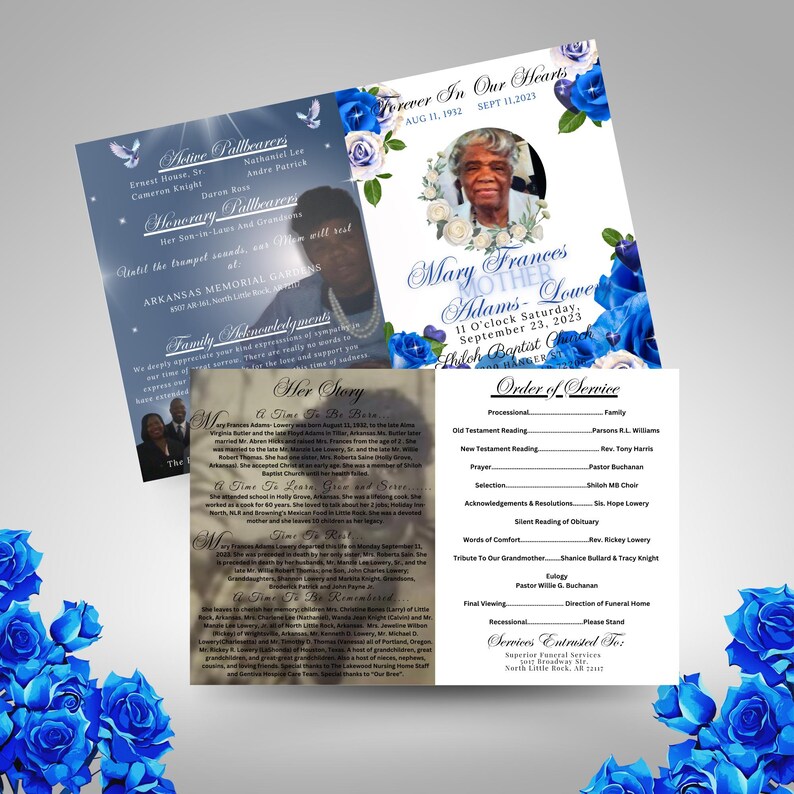 Elegant Blue Rose Funeral Program Template: Celebration of Life ...