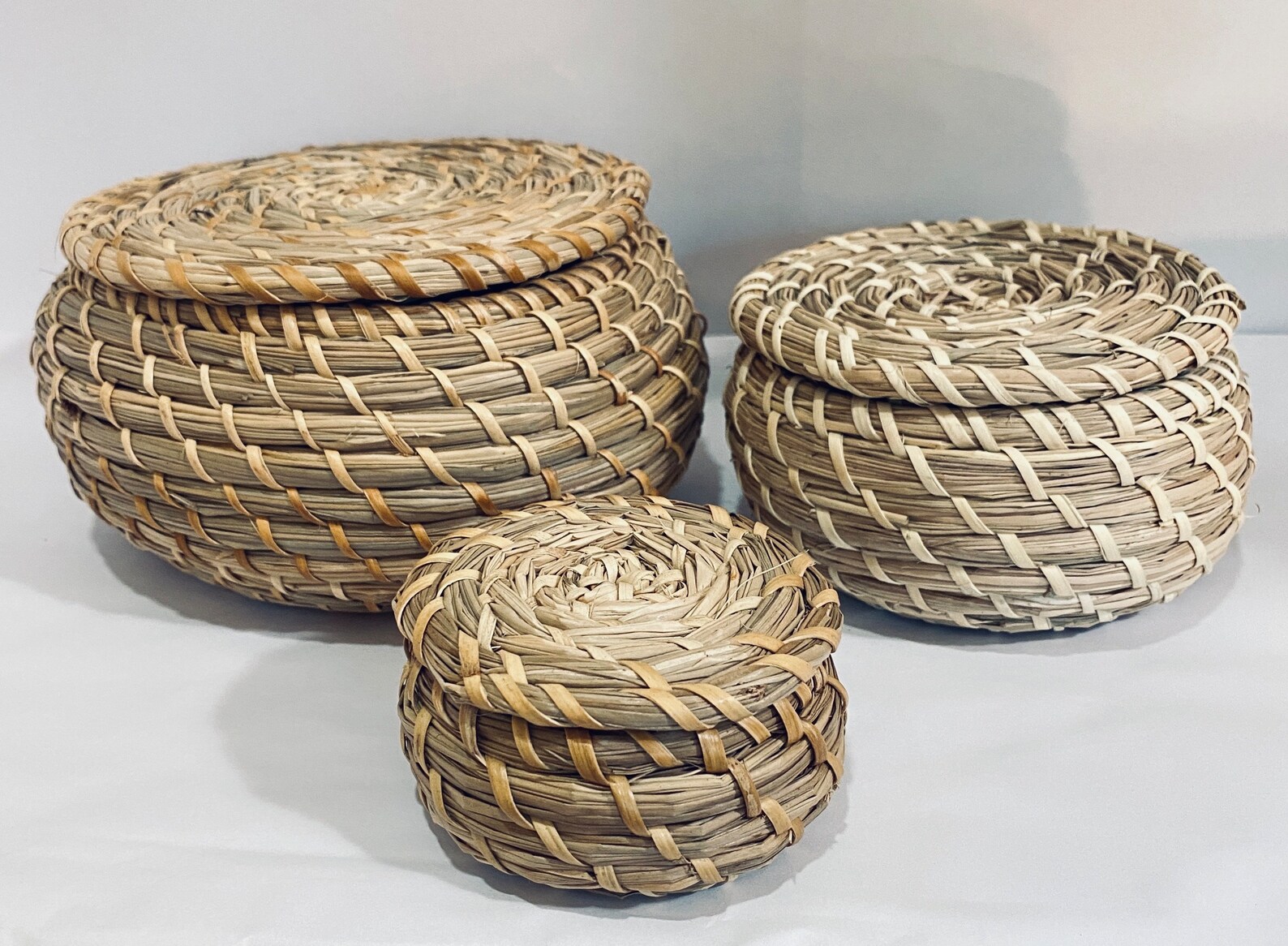 3 Nesting Coiled Gullah Sweetgrass Baskets With Lids Trinket or Jewelry ...
