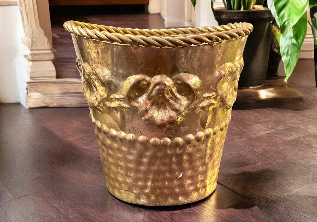 Brass Waste Basket Hollywood Regency Bin Solid Hammered Brass Ornate ...