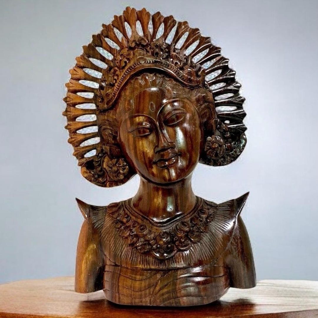 Balinese Carved Wood Bust Art Sculpture Warrior Goddess, Bali, Pan Akus ...
