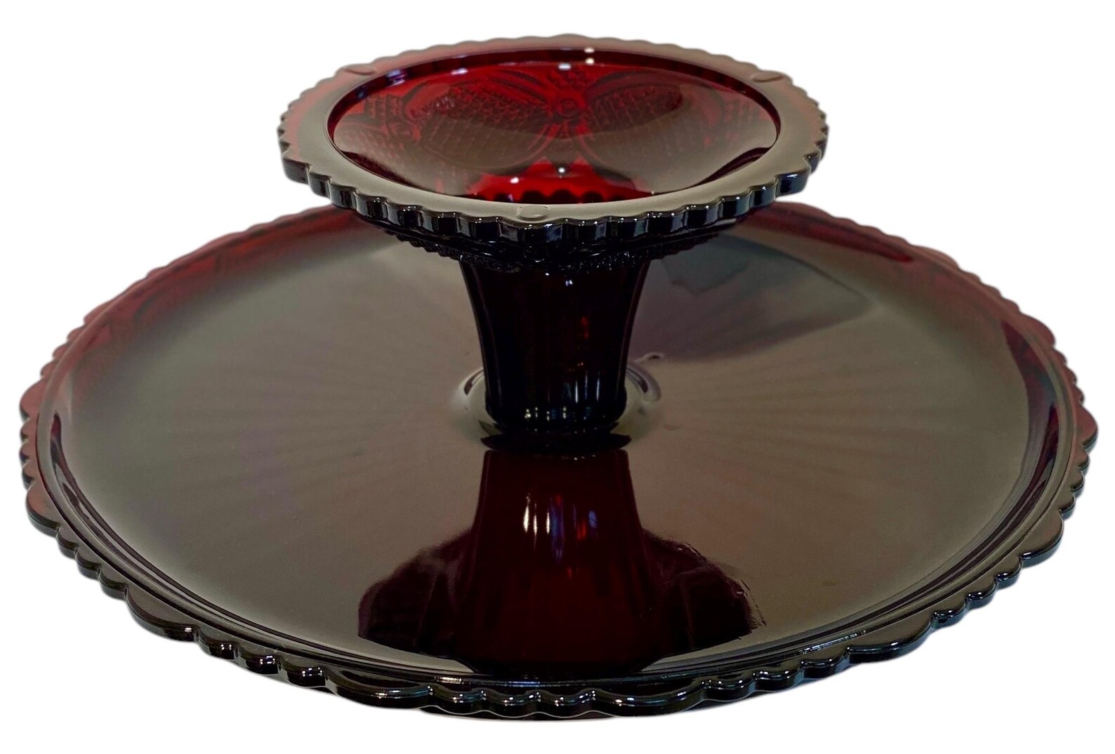 Vintage Red Glass Cake Plate Stand Pedestal Avon Glass Cape Cod Ruby ...