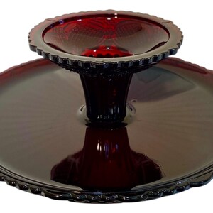 Vintage Red Glass Cake Plate Stand Pedestal Avon Glass Cape Cod Ruby ...