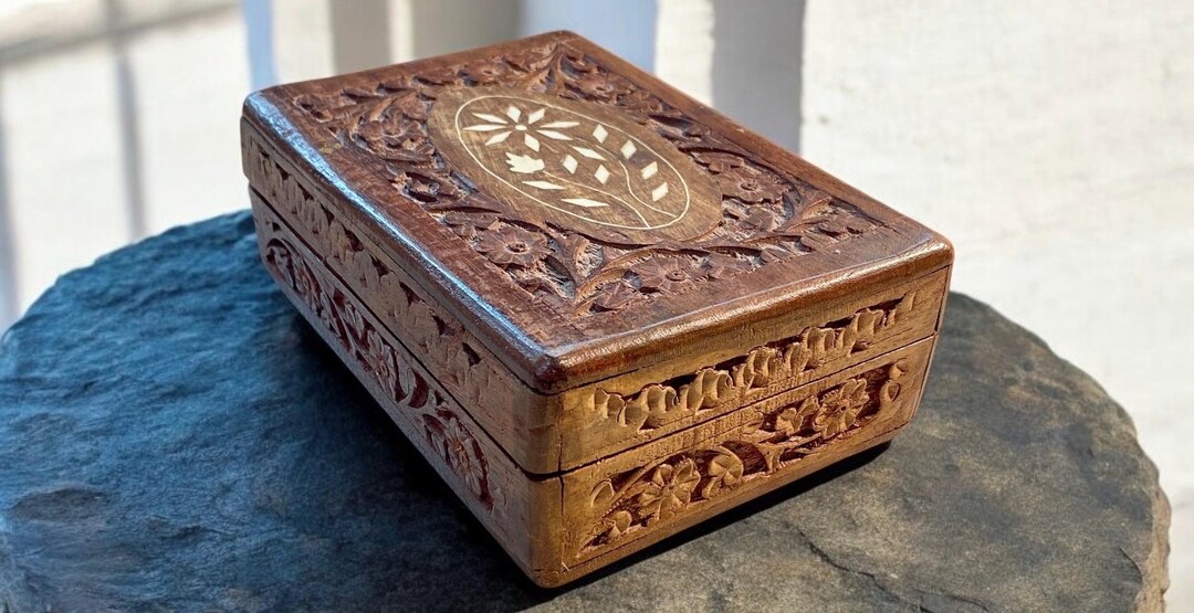 Vintage Sheesham Box Rosewood and Shell Box Wood Jewelry Box Trinket ...