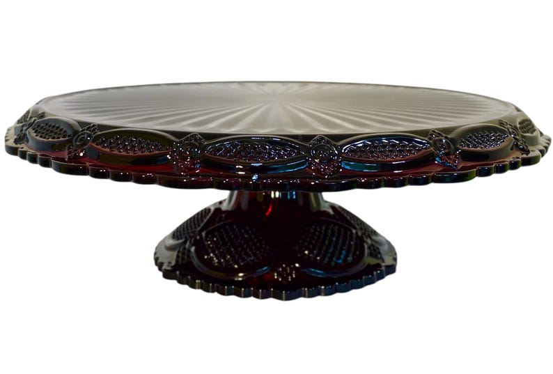 Vintage Red Glass Cake Plate Stand Pedestal Avon Glass Cape Cod Ruby ...