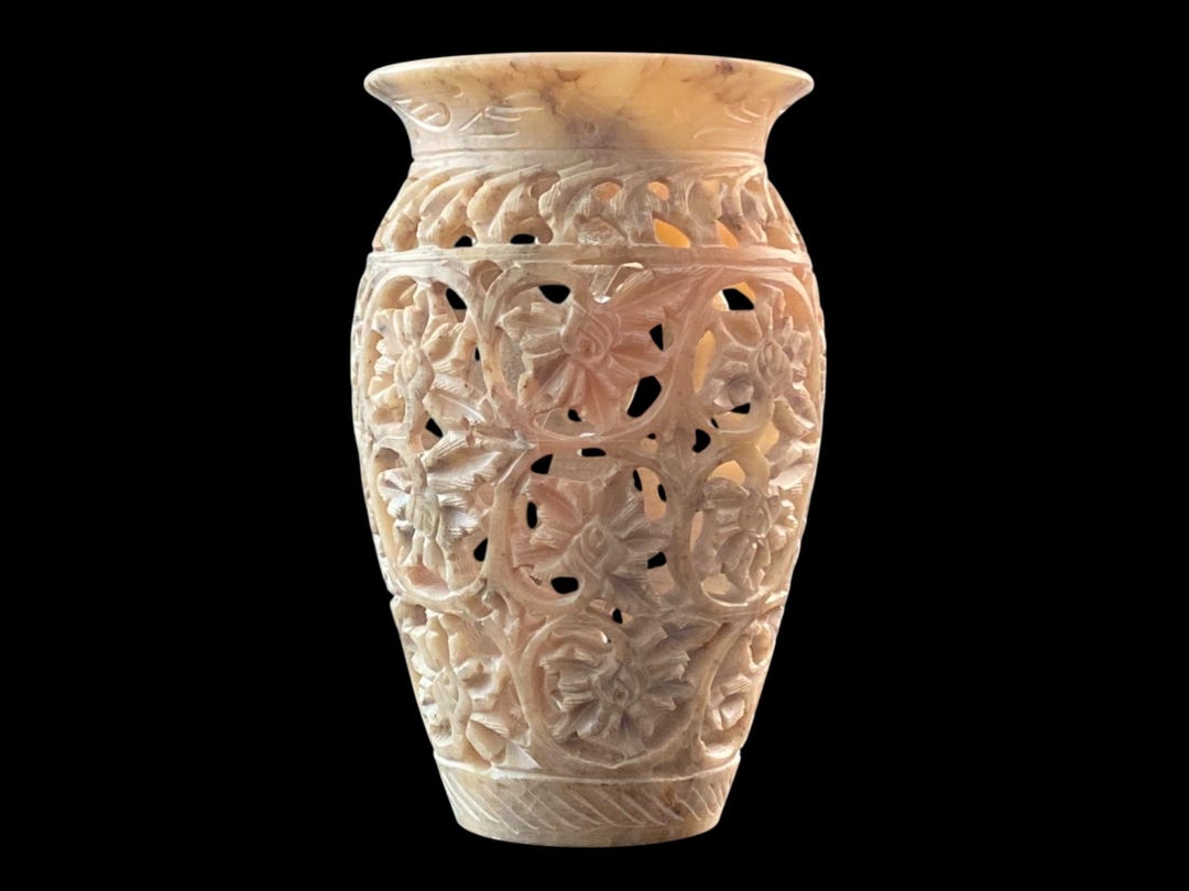 Vintage Carved Stone Vase Open Lattice Fretwork Urn Ornate Hand Carved ...