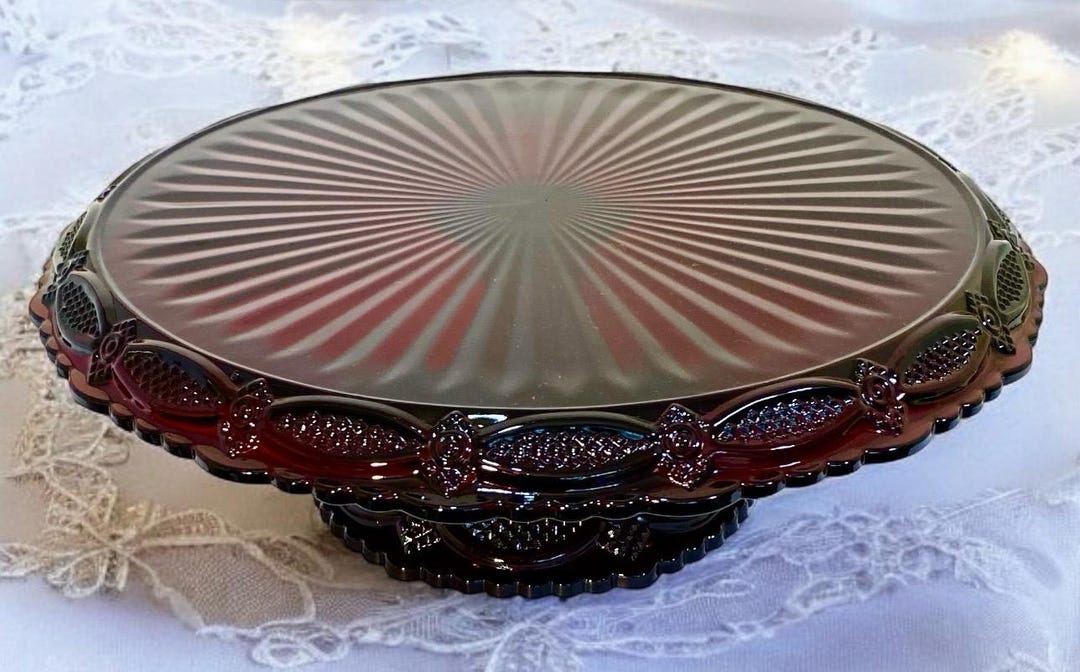 Vintage Red Glass Cake Plate Stand Pedestal Avon Glass Cape Cod Ruby ...