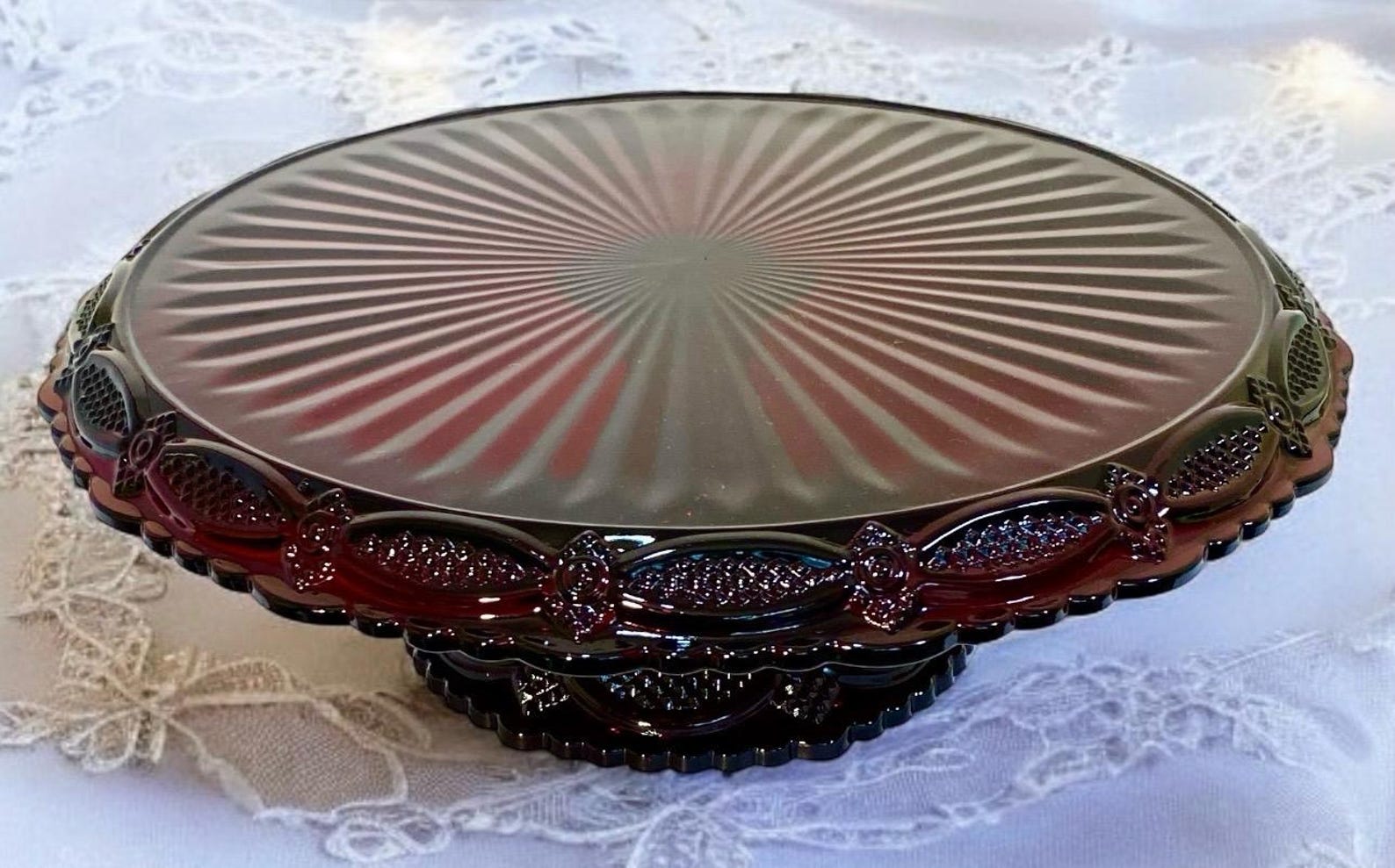Vintage Red Glass Cake Plate Stand Pedestal Avon Glass Cape Cod Ruby ...