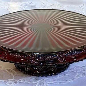 Vintage Red Glass Cake Plate Stand Pedestal Avon Glass Cape Cod Ruby ...
