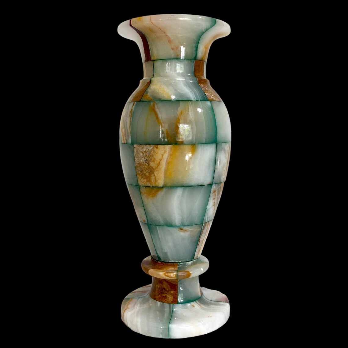Segmented Checkerboard Onyx Vase With Green, Brown and White Marble ...