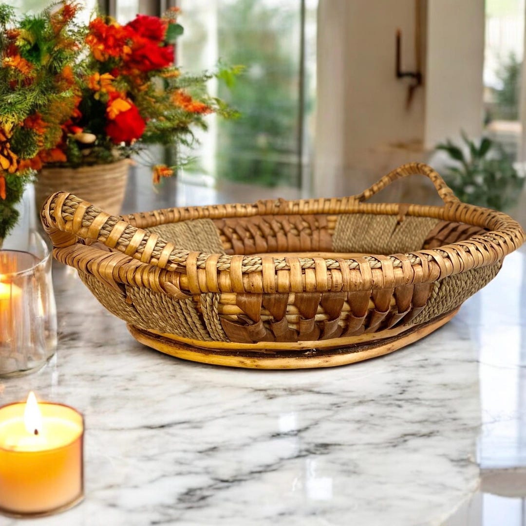 Wicker Rattan Serving Basket Oval Tray With 2 Handles Tightly Woven ...