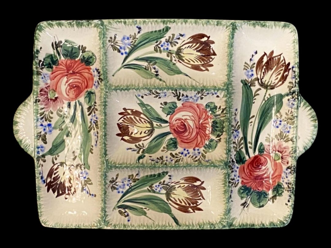 Hand Painted Platter Large Italian Vintage Divided Plate Floral Serving ...