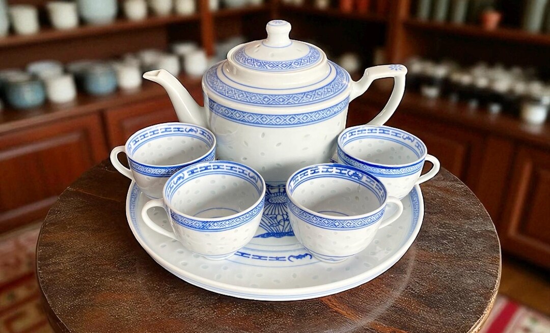 Vintage Linglong Rice Grain Tea Set: Floral Teapot, Tray & Teacups - Etsy