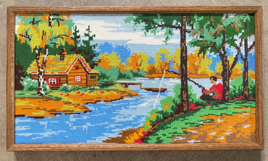 Framed and Finished 1970s Exquisite Needlepoint Landscape With an ...