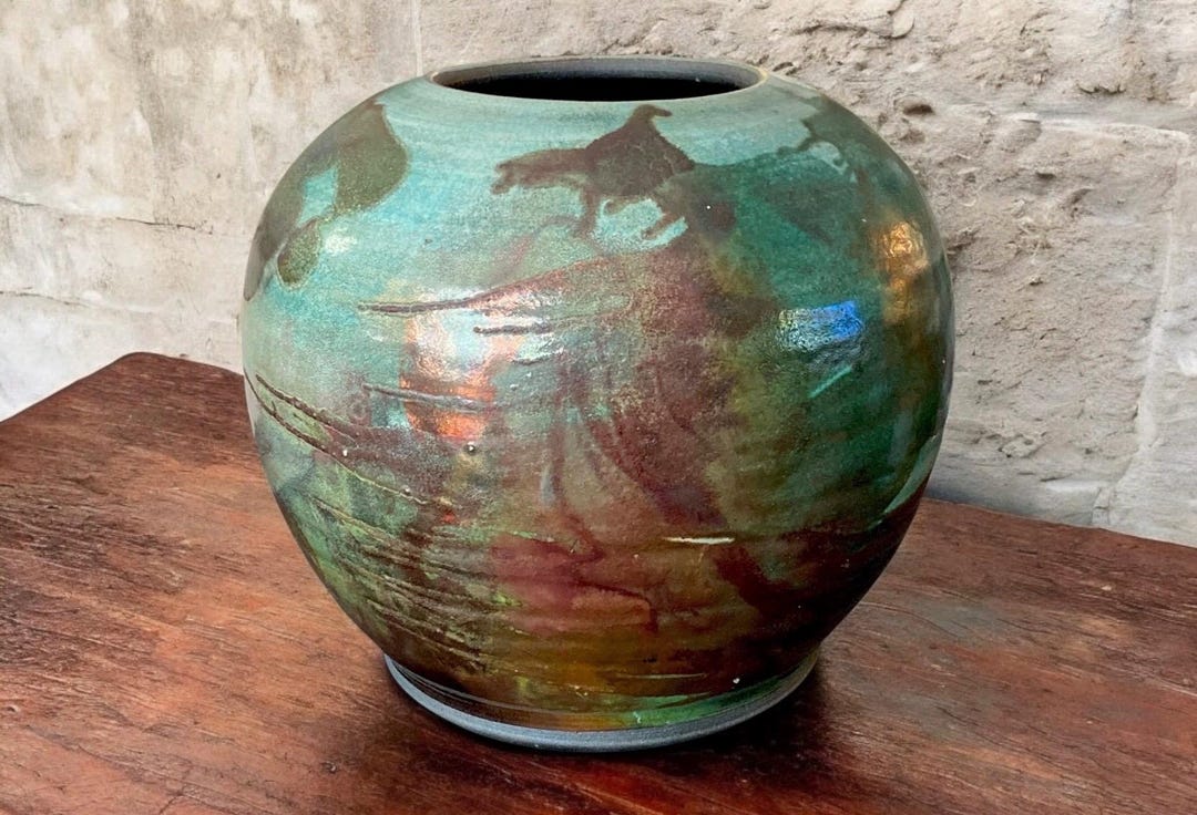 Vintage Raku Vase Studio Art Pottery Raku Glaze Round Green Brown ...