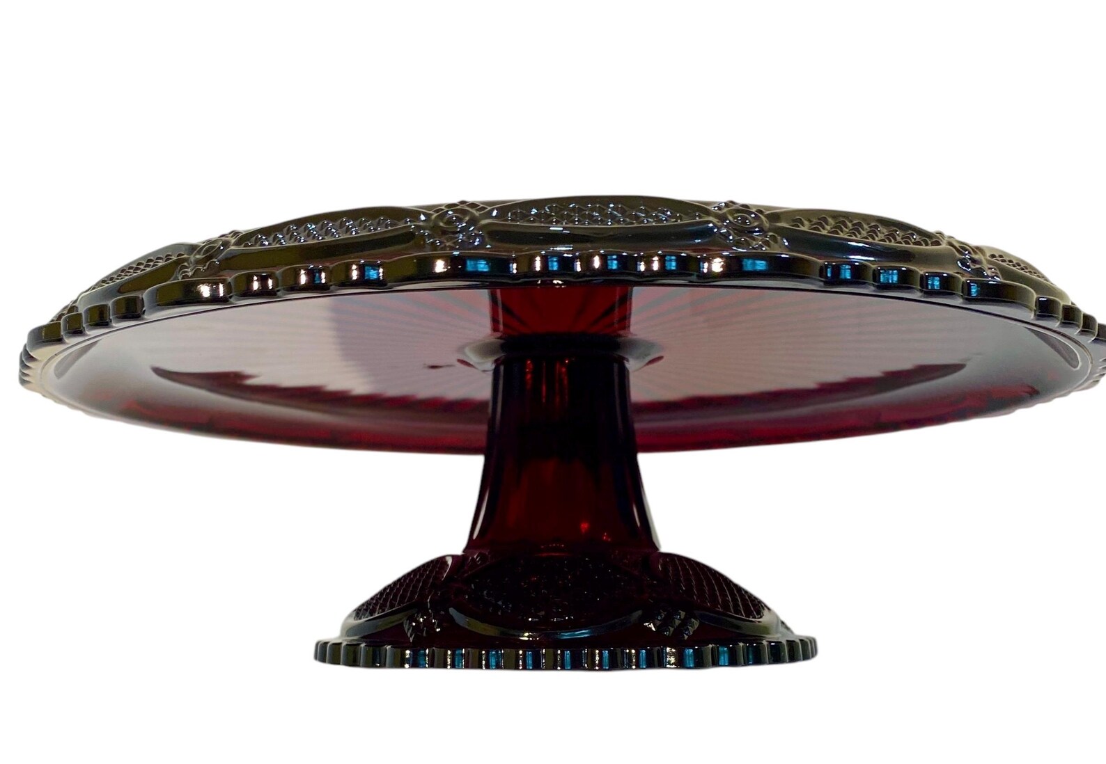 Vintage Red Glass Cake Plate Stand Pedestal Avon Glass Cape Cod Ruby ...
