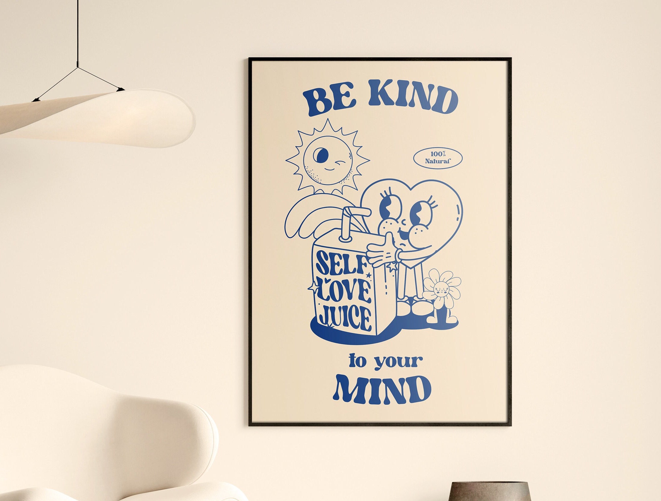Be Kind to Your Mind Art, 70s Retro Groovy Art, Blue Ink Drawing Retro ...